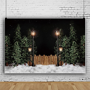 Yeele 5x3ft Winter Snow Night Backdrop Christmas Forest Scene Green Pine Tree Street Lights Photography Background Fairy Wonderland Kids Xmas New Year Party Decor Banner