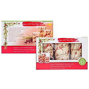 Mark Feldstein & Associates Flameless LED Glitter Berries and Cardinals Wax Pillar Candles with Timer, 3pc Set