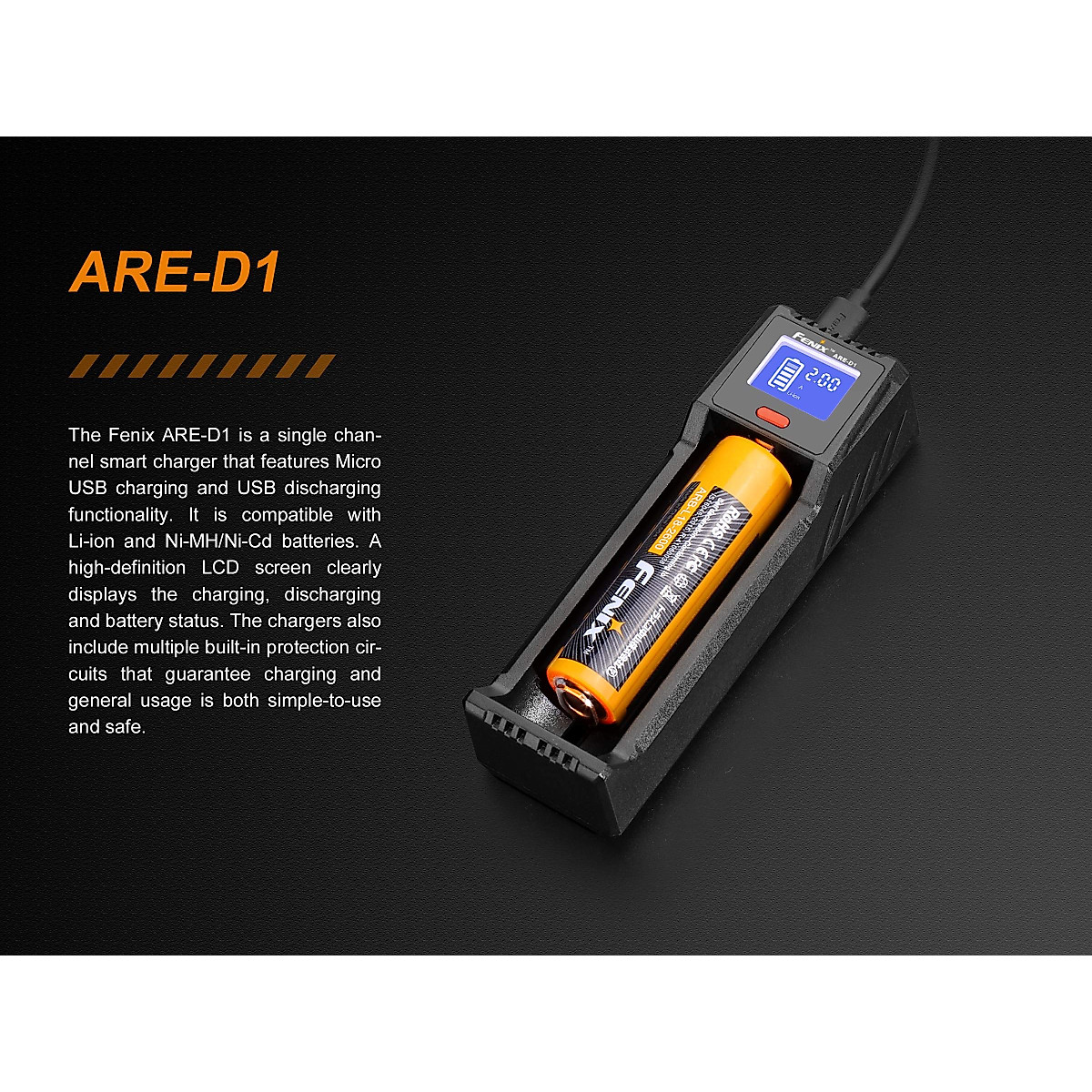 EdisonBright Fenix are-D1 USB Powered Smart Battery Charger for 21700/18650/16340 BBX5 Battery Carry case