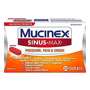 Mucinex Maximum Strength Sinus-Max Pressure, Pain & Cough Caplets, 20 ct, Relieves Minor Aches and Pains, Headache, Chest Congestion, Nasal Congestion, Sinus Pressure, and Controls Cough