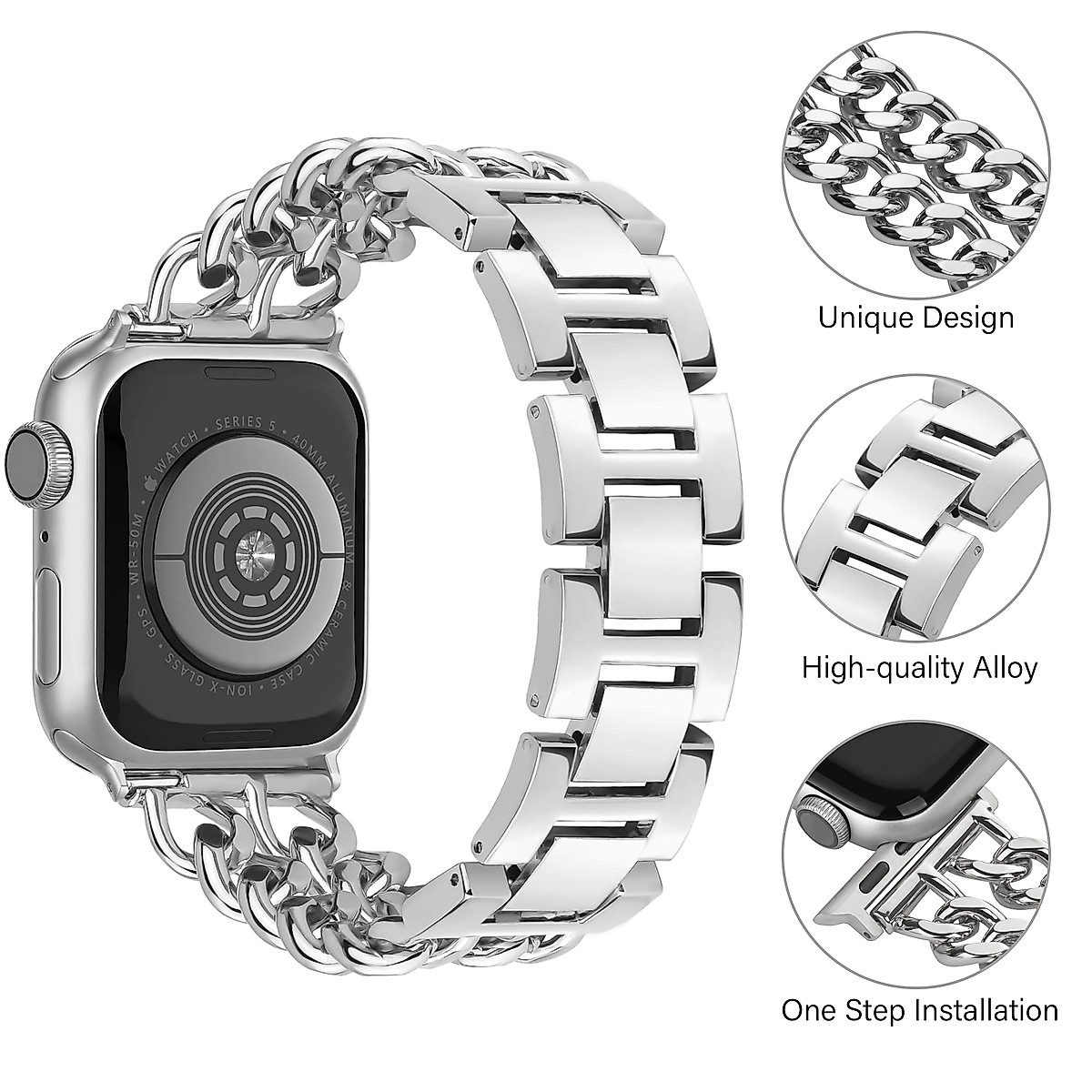 Aniaboho Metal Apple Watch Band Bracelet Compatible with Apple Watch Series 10 SE 9 8 7 6 5 4 3 2 1 Ultra 2 1 Band, Dressy Apple Watch Bands for Women Men, Chain Design Adjustable iWatch Bands for Women Men 42mm(Series 10) 41mm 40mm 38mm (Silver)