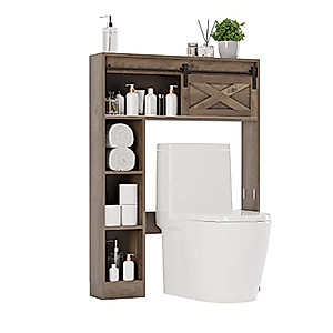 SOSPIRO Farmhouse Over The Toilet Storage with Sliding Barn Door, Freestanding Bathroom Organizer Over Toilet Storage Cabinet Shelf Space Saver Rack for Restroom, Laundry, Oak