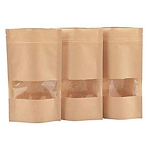 Katfort Stand Up Pouches 100pcs, 7.8''×4.6'' Resealable Bags for Small Business, Resealable Kraft Paper Bags with Window, Paper Bakery Bag for Small Business, Family, Company