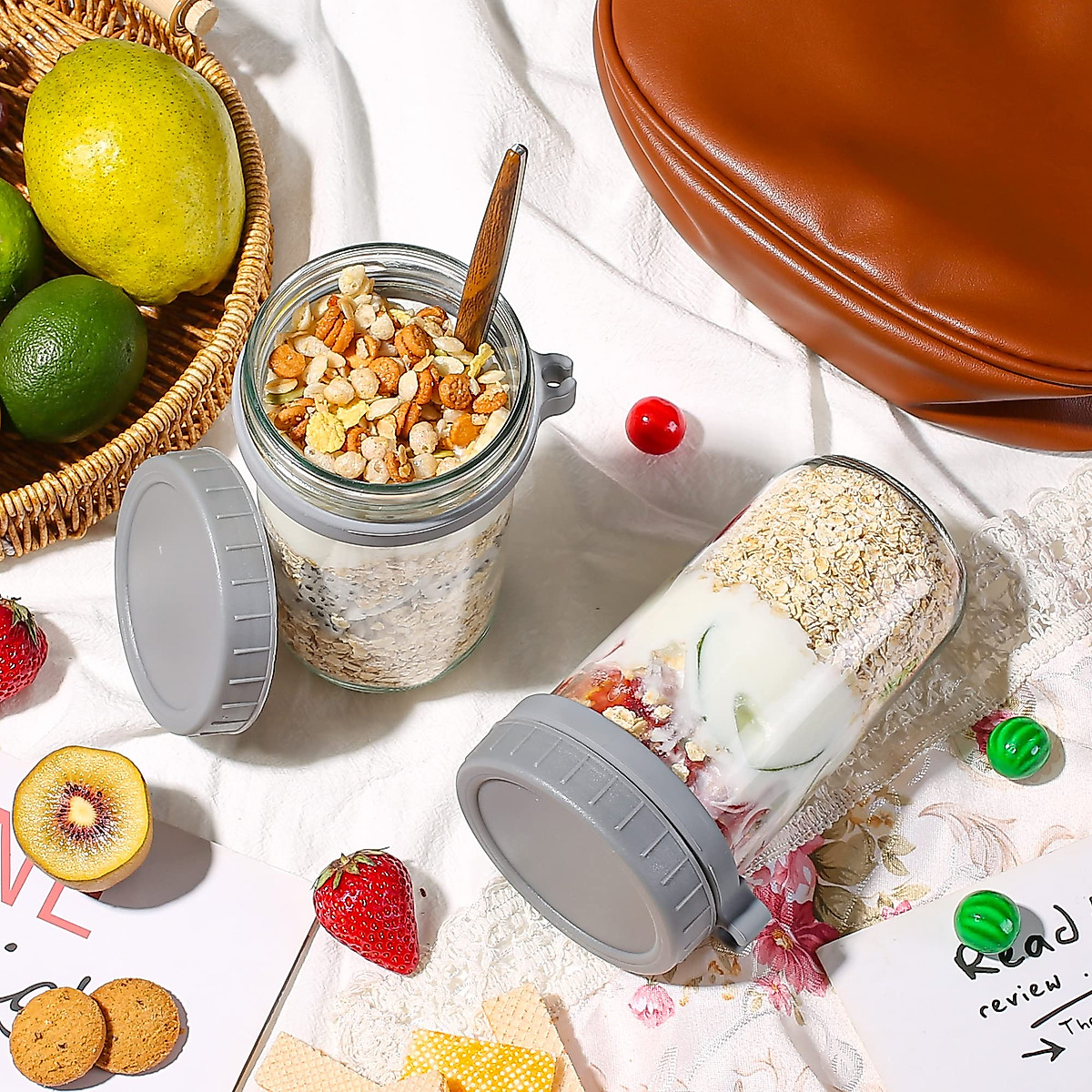 GUUTRY Overnight Oats Containers with lids and Spoons: 24 oz Mason Jars for Overnight Oats - 2 Pack Glass Meal Prep Container for Oatmeal - Food Storage Containers/Canning Jars/Food Jars