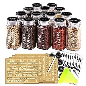 SWOMMOLY 14 Glass Spice Jars with 268 Spice Labels, Chalk Marker and Funnel Complete Set. Square Spice Containers 4oz Seasoning Bottles, Airtight Cap, Pour/sift Shaker Lid.