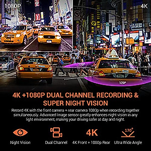 Rexing V1P 4K Car Dash Cam 2.4" LCD 2160p Front + 1080p Rear Wi-Fi 170° Wide Angle Dual Channel with Rear Cam, G-Sensor, WDR, Loop Recording Mobile App Supercapacitor