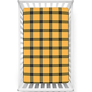 Plaid Themed Fitted Mini Crib Sheets,Portable Mini Crib Sheets Toddler Bed Mattress Sheets-Crib Mattress Sheet or Toddler Bed Sheet,24“ x38“,Black and Pale Orange