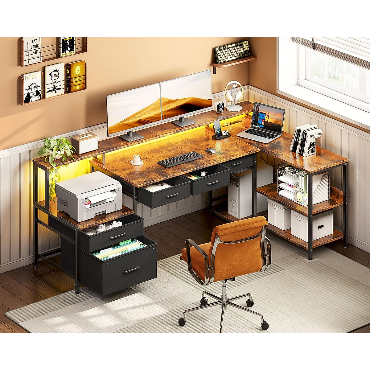 AODK L Shaped Desk with 5 File Drawers, 66" Reversible L Shaped Computer Desk with Power Outlet & LED Strip, Office Desk with Storage Shelves, Gaming Desk with Monitor Shelf, Corner Desk, Vintage