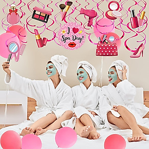 30 Pieces Spa Day Hanging Swirl Decorations, Makeup Party I Love Spa Sign Foil Swirls Ceiling Decor Cutout Card for Girl Women Nail Birthday Theme Party Baby Shower Supplies