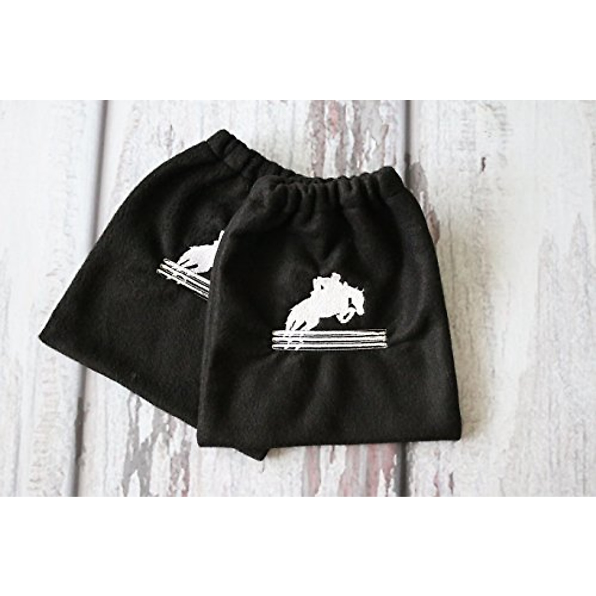 English Stirrup Covers, Stirrup Bag, Equine Iron Covers, Elastic Closing, Embroidered Jumping Horse and Rider