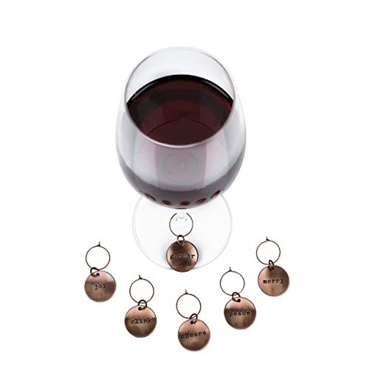 Twine Brushed Copper Holiday Wine Charms for Glass Identification, Drink and Party Accessories, Zinc Alloy, Set of 6