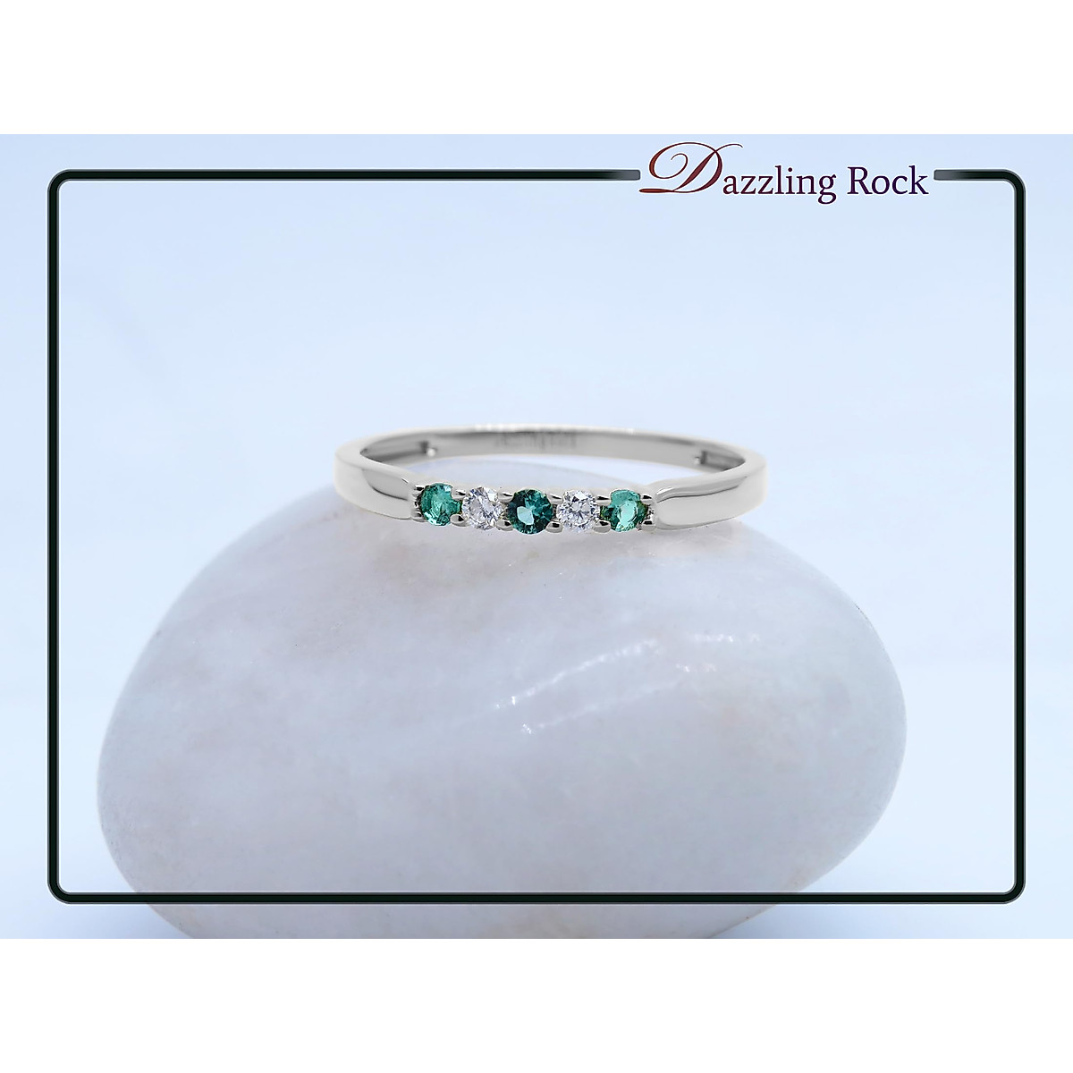 Dazzlingrock Collection 10K Round Emerald & Diamond 5 Stone Women Anniversary Wedding Band, White Gold, Size 7