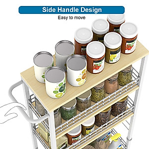 Slim Storage Cart 4-Tier Rolling Kitchen Utility Cart White Narrow Slide Out Laundry Storage Cart on Wheels and Wood Table Top Mobile Shelving Unit Organizer Trolley for Bathroom Small Space 7.3 W