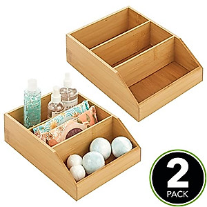 mDesign Bamboo Wood 3 Tier Counter Organizer Bin, Multi-Compartment Storage Box for Bathroom, Cabinets, Shelves, Countertops; Holds Vitamins, Bath Bombs, Cosmetics, Echo Collection - 2 Pack - Natural