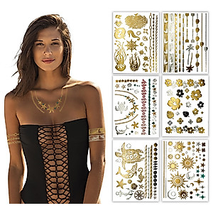 Terra Tattoos Gold Metallic Tattoo Flash Sheets Designs of Seashells, Sun, Flowers & more! Face Tattoos for Women Waterproof Nontoxic Long Lasting 75+ Designs for Vacation, Festivals Parties - Gold