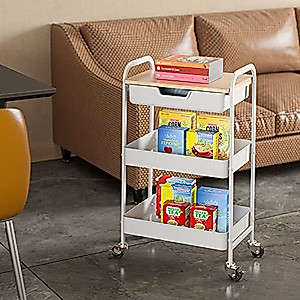 TOOLF 3-Tier Utility Rolling Cart with Wooden Board and Drawer, Metal Storage Cart with Handle, White Trolley Kitchen Organizer Rolling Desk with Locking Wheels for Office, Classroom, Home, Bedroom