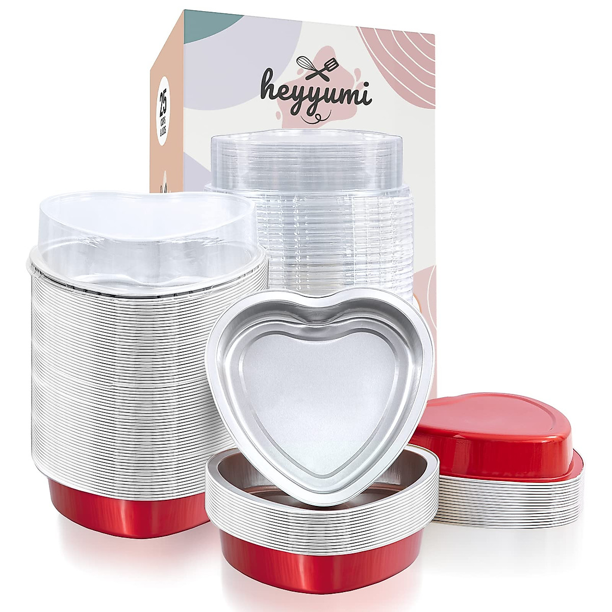 HEYYUMI Aluminum Foil Mini Heart Cake Pan, 25pcs 9oz Disposable Heart Shaped Cake Pans with Lids,Cupcake Liners Muffin Tins,Cupcake Baking Cups Ramekins Containers for Valentine's Day(Red)