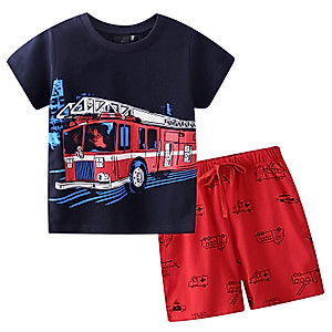 BIBNice Toddler Boys Clothes Kids Summer Short Sleeve Little Boys Clothing Sets Firetruck Size 3T