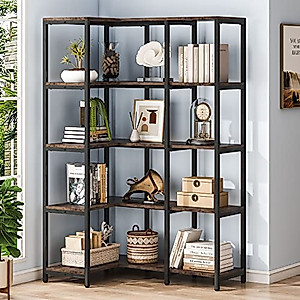 Tribesigns 5-Shelf Corner Bookshelf, 67" Tall Industrial Corner Shelf Stand Etagere Bookcase, Large Book Shelf with Metal Frame for Living Room Home Office, Rustic Brown
