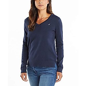Nautica Women's Effortless J-Class Long Sleeve 100% Cotton V-Neck Sweater, Navy, Large