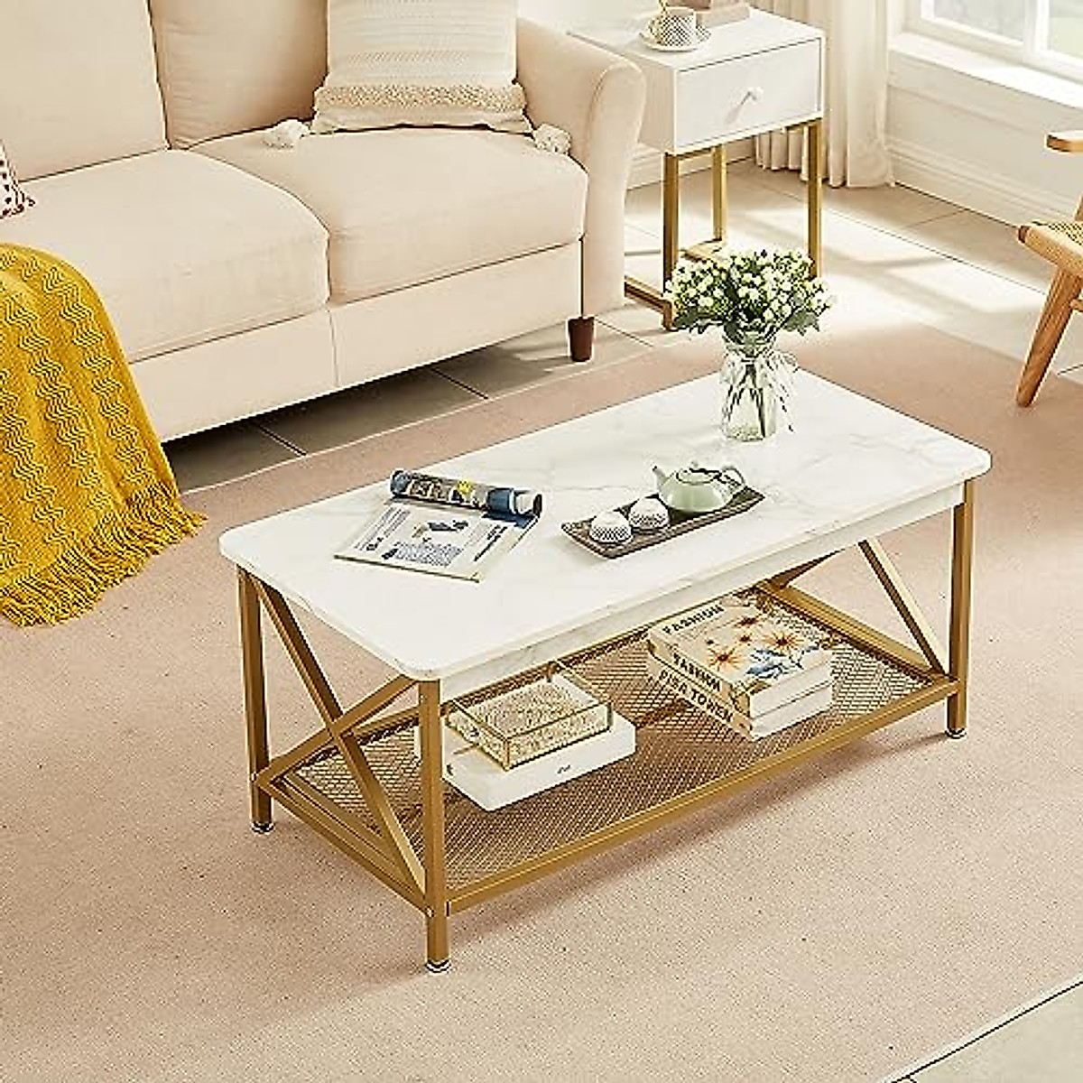 VECELO Coffee Table with Storage Shelf for Living Room,Industrial Style,Easy Assembly, Gold