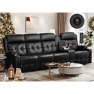 Recliner Sofa, Massage Reclining 4 Seater Sofa Sets Heavy Weight Capacity, RV Loveseat Couch Clearance with Console, USB, Type C Port, Storage, Cup Holders, Wall Hugger Chair for Living Room, Black