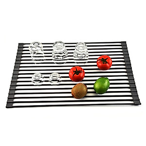Ahyuan Large Roll up Dish Drying Rack Foldable Dish Rack Over Sink Dish Drainer Roll-up Sink Drying Rack Full Silicone Coated Stainless Still Dish Drying Rack (Matte Black, 17.7''X13.13'')
