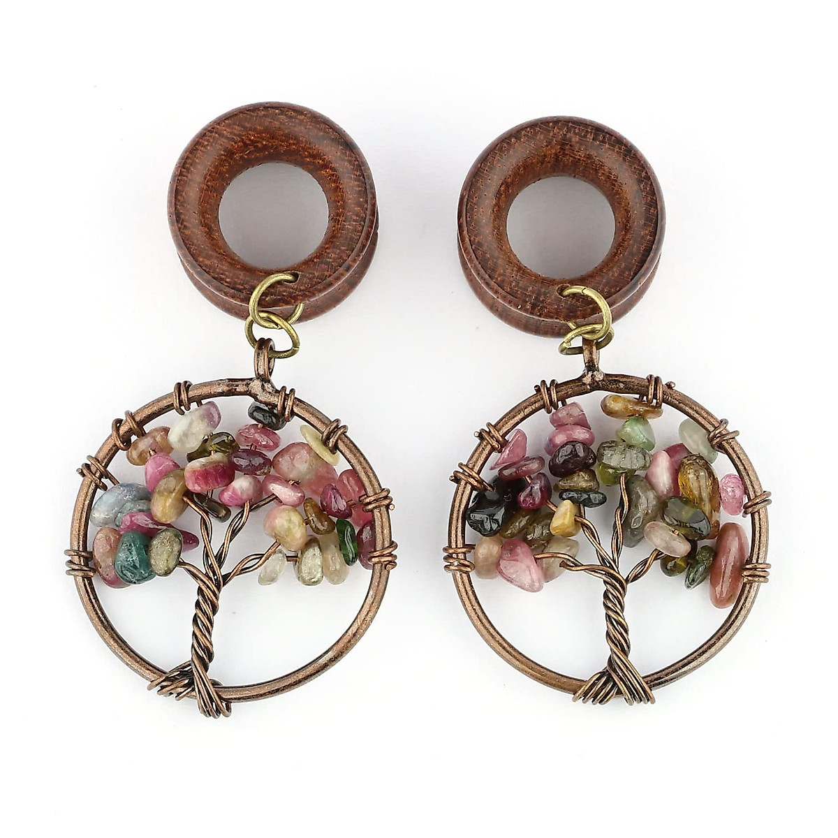 0G 8mm Multicolor Tourmaline Tree of Life Wood Dangle Ear Gauges Piercing Flesh Tunnels Plugs Stretching Kit Expander