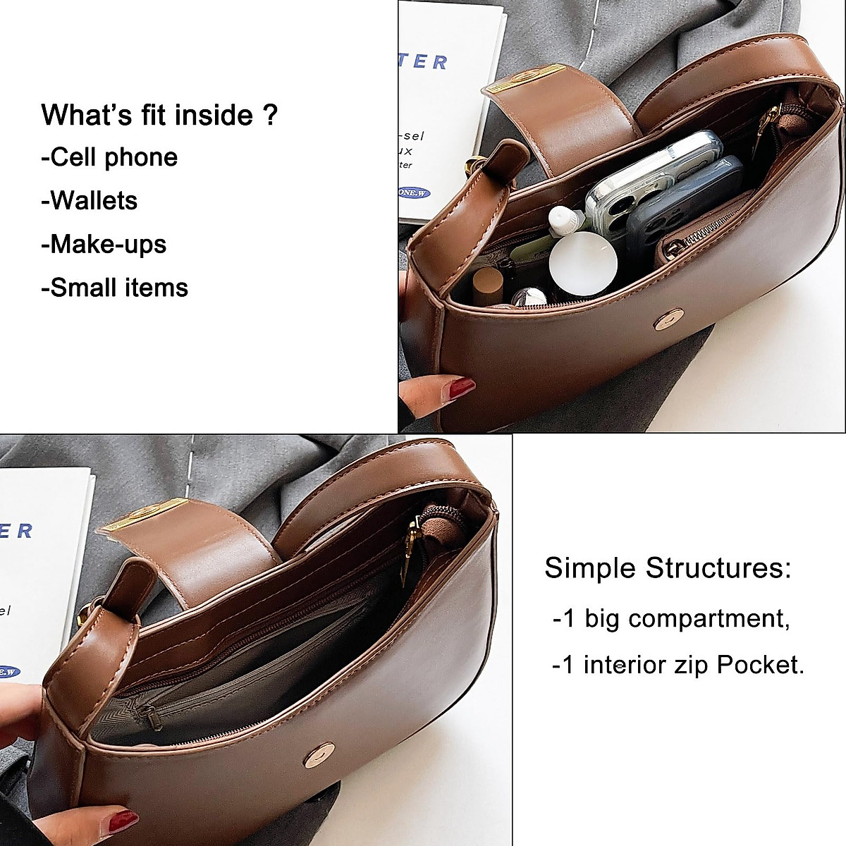 Sanxiner Classic Shoulder Bag,Retro Small Purse,Tote Bag for Women with Zipper Closure (1-Khaki)