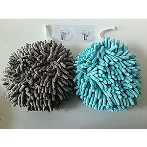 Ivymei 2 Pack Chenille Hand Towels,Kitchen Hand Towels with Loop,Hanging Hand Towels for Bathroom,Soft Absorbent Hand Bath Towels(Grey+Blue)