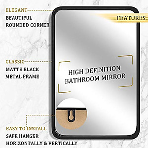 LEORISO 16 x 24” Black Bathroom Mirror for Wall, 1.3” Metal Frame Rectangle Mirror, Wall-Mounted Mirror Hangs Horizontal Or Vertical