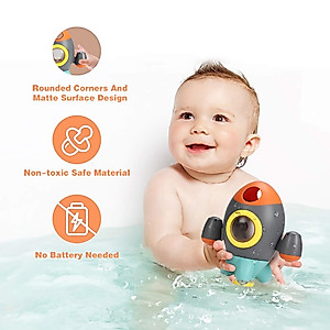 Elovien Baby Bath Toys, Space Rocket Shape Bathtub Toys for Toddlers, Spray Water Toys w/ Rotating Fountain, Bathroom Shower Toys for Infants Aged 18 Months 2 3 4 5 Years Old Kids Girls Boys