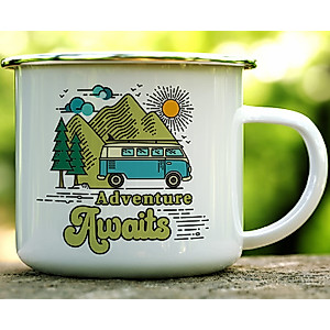 Adventure Awaits Retro Camper Coffee Mug, Nature Wanderlust Van Life Campfire Cup, Mountain Hiking Camping Lover Gift (16oz)