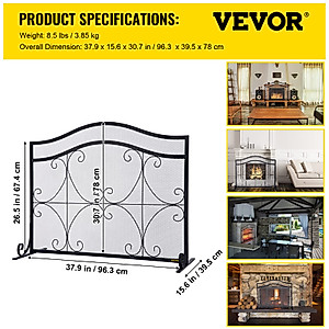 VEVOR Fireplace Screen, 39 x 31 Inch, Double Door Iron Freestanding Spark Guard with Support, Metal Mesh Craft, Broom Tong Shovel Poker Included for Fireplace Decoration & Protection, Black