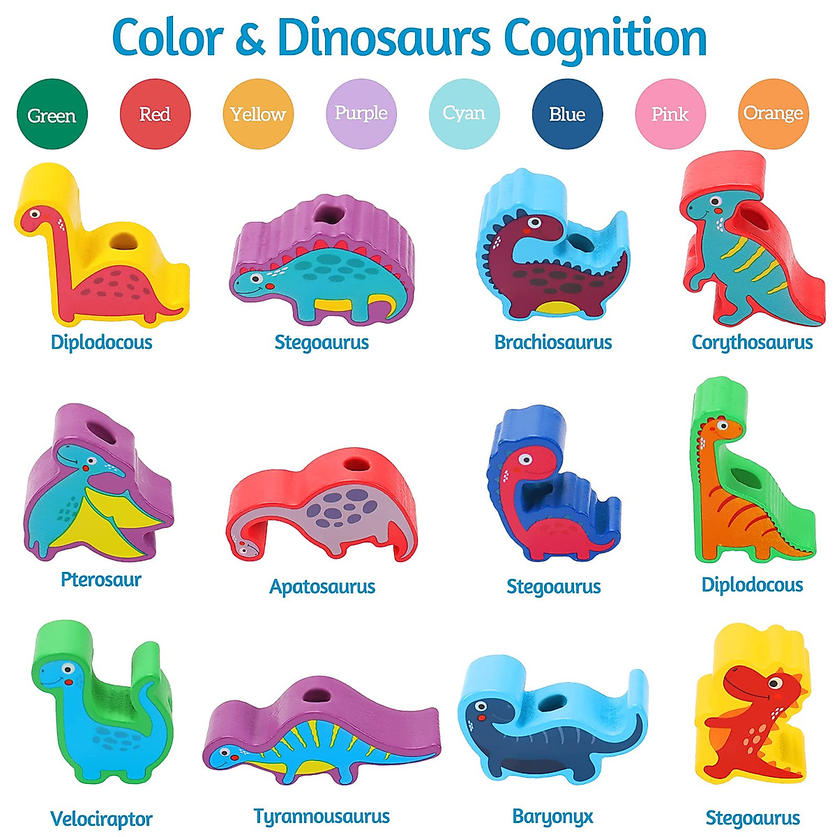 Wooden Stacking Dinosaur Toys for Kids 3-5 - Dino Lacing Beads for Toddlers 1-3 - STEM Building Blocks Montessori Toys for 2 3 4 5 6 7 Year Old Boys Girls Gifts Toddler Activities Games Ages 2-4