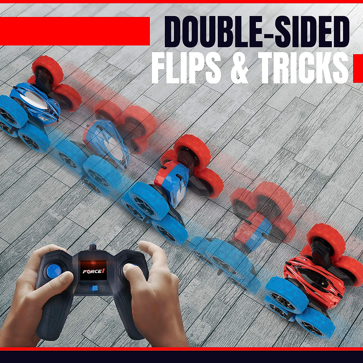 Force1 Crawler 6 Remote Control Car for Kids - 6 Wheeled RC Car Double Sided Driving with LEDs, 360 Flips, All Terrain RC Crawler Wheels, and 2.4 GHZ Remote Control, Red/Blue