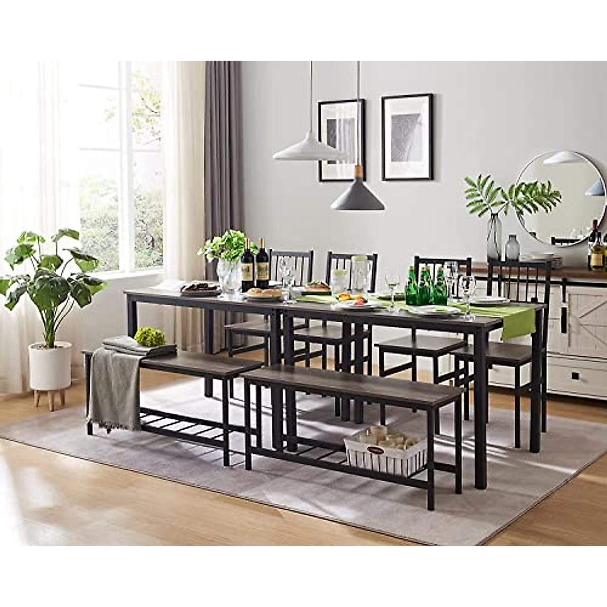 Dining Table Set for 4,Kitchen Table with 2 Chairs & 1 Bench,Wood Breakfast Table Set with Storage Racks for Small Space,Apartment,Dining Room, Home Office