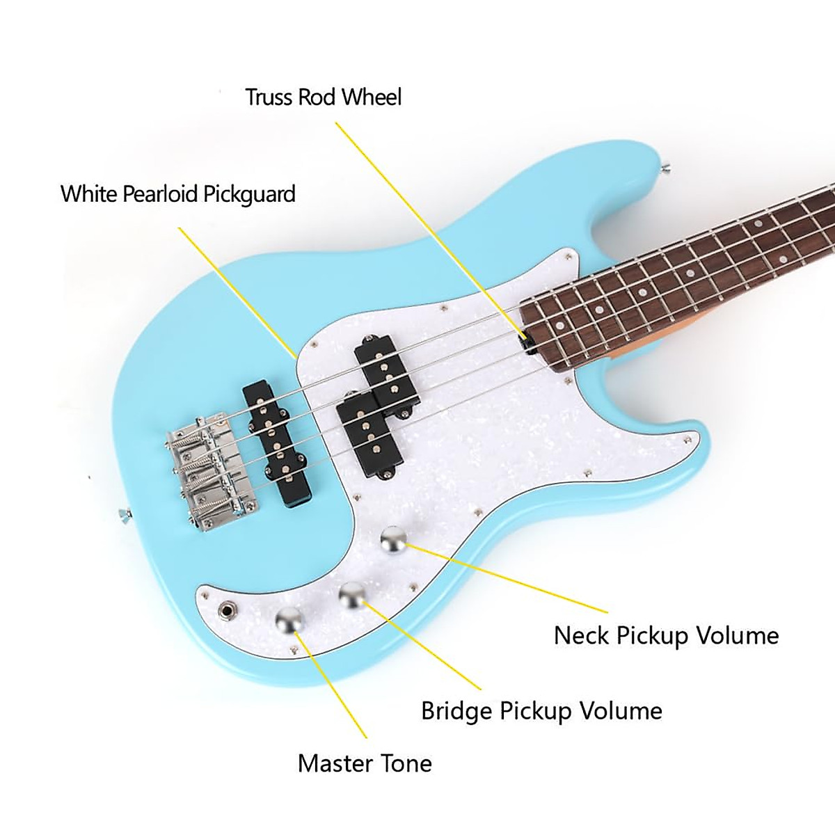 Fojill Full Size Standard Electric Bass Guitar Four 4 String Right Hand Handed Basswood Body Roasted Canadian Maple Neck Genuine Rosewood Fretboard Fingerboard with Gig Bag (Blue)