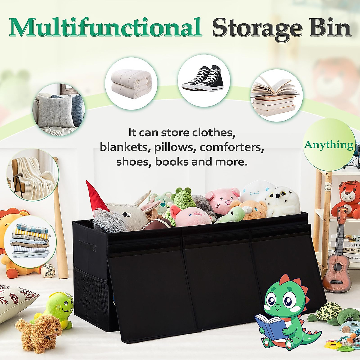 downluxe Extra Large Storage Bins with Lids and Handles, 136 L Collapsible Sturdy Storage Containers, Black Storage Basket Box Organizer for Closet, Living Room, Bedroom, 40"x13"x16", Dinosaur