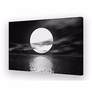 Cao Gen Decor Art S06481 Wall Art Canvas Sea White Full Moon in Night Picture Canvas Poster Print Black and White Ocean for Living Room Bedroom Kitchen Home Decorations Framed Artwork