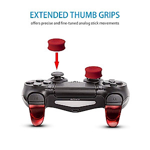 PS4 FPS Games Accessories Kit Anti Slip Silicon Analog Stick Thumb Grips Set with Trigger Extensions for PlayStation 4 / Slim/Pro Controller (Red)