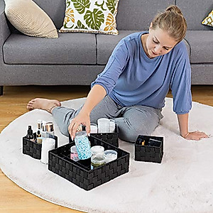 VK Living Woven Storage Box Basket Bin Container, Woven Strap Basket, Nylon Woven Box Basket, Underwear Bra Storage Organizer Divider for Drawer, Dresser, Closet, Black, Set of 4