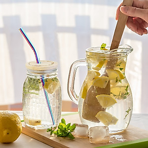 Tawa Homes Bamboo Mason Jar Lids with Straw Hole - 70 mm Lids for Beer Can Glass Cups with Silicone Straw Hole Plug 16 oz - 6 Pcs Regular Mouth Lid with 6 Stainless Steel Straw, 2 Cleaning Brush & Bag