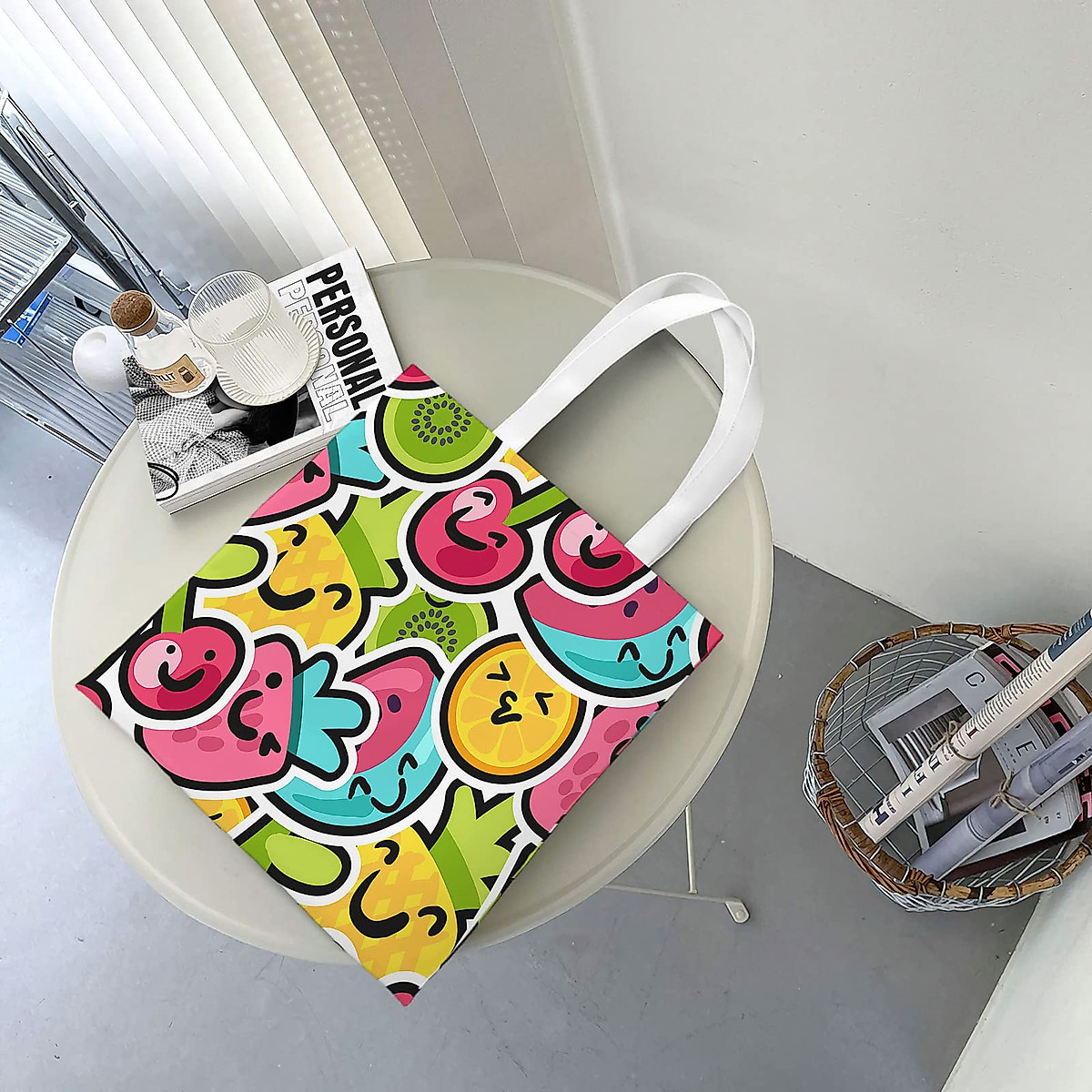 TifyDon Canvas Tote Bag，Berries Fruit Mix Pattern Reusable Large Shopping Shoulder Tote Bag For Women，Lovely Funny Pineapple Orange Watermelon Cherries Kiwi Black Happy Beach Tote Bags Bulk