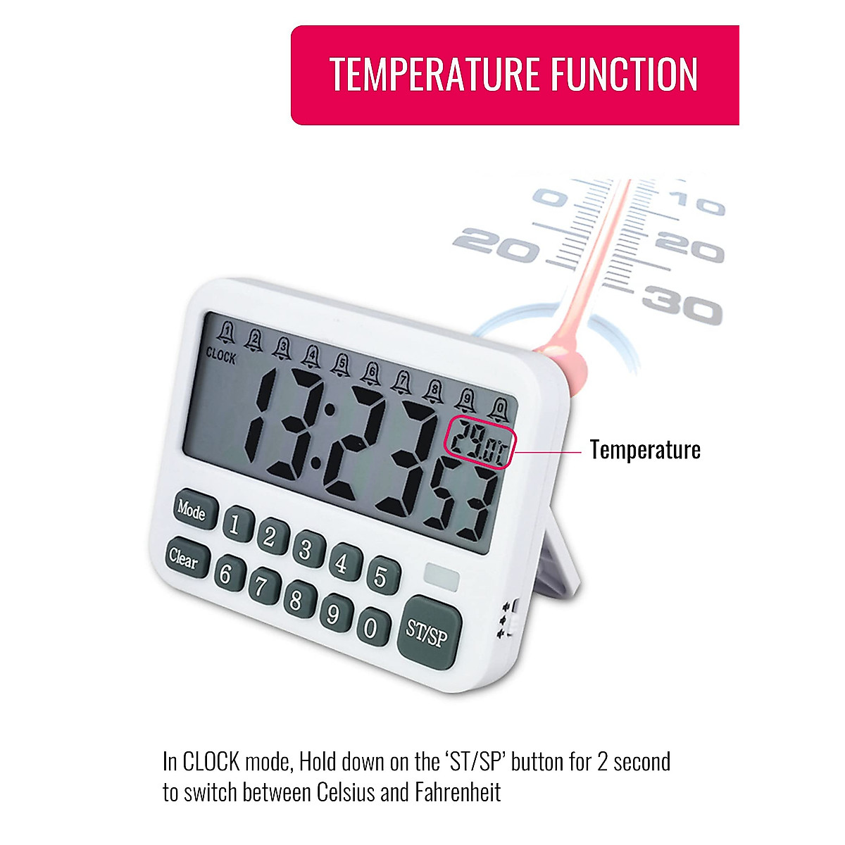 Multi-Functional Digital Alarm Clock with 10 Alarm Settings, Countdown & Count up Kitchen Timer with Magnetic, Temperature Display, Reminder, 2 AAA Batteries Operated (Not Included)