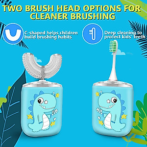 Kids U Shaped Toothbrush Dinosaur Electric Ultrasonic Automatic Brush with 6 Modes Replacement Brush Head IPX7 Waterproof Powered Smart Timer Auto Clean for Children 2-6 Years Old