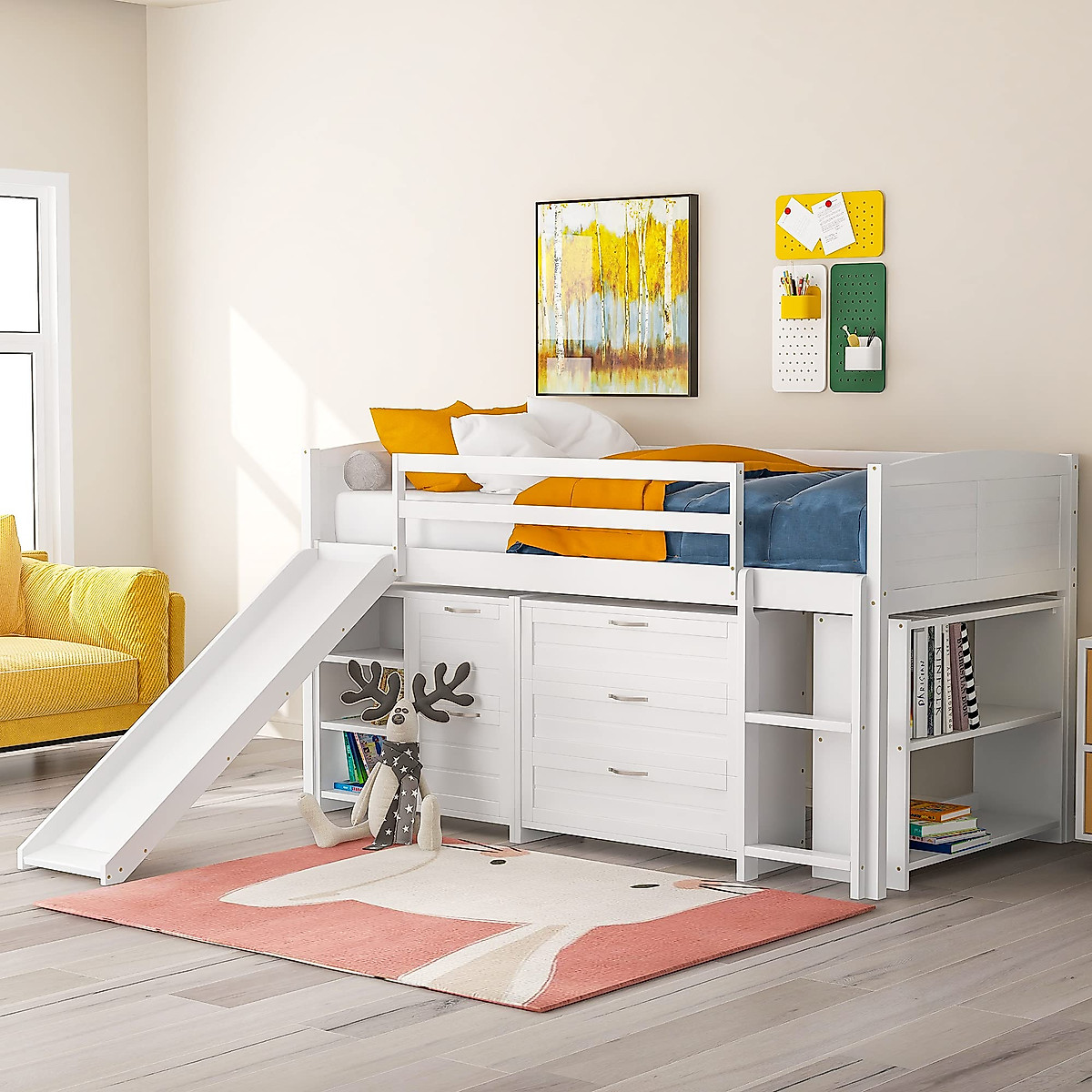 Harper & Bright Designs Twin Loft Bed with Slide and Storage, Solid Wood Low Loft Bed with Attached Bookcases and Separate 3-tier Drawers, for Kids Girls Boys (White)