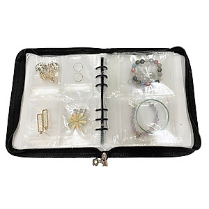 MIAO JIN Transparent Binder Jewelry Storage Book Travel Jewelry Organizer Zipper Bag Portable Pocket Folding For Necklace Earring Ring Postcard Bracelets Brooches (Black70 Grids+60 PVC Bags)