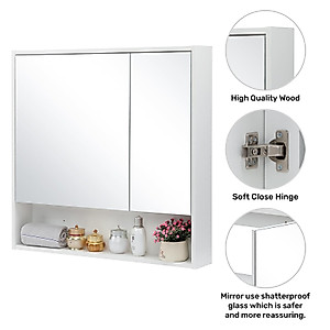 ALIMORDEN Medicine Cabinet with Mirror and Shelves, Bathroom Wood Wall Cabinet Over The Toilet, Vanity, Recessed or Surface Mount, 30.07 Inch x 30 Inch, White
