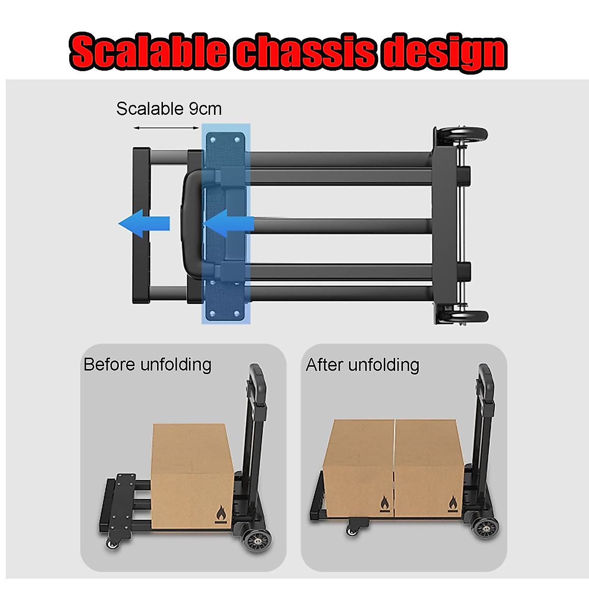 Generic Hand Trucks Telescopic Folding Trolley with Solid PVC Wheels, Portable Hand Truck, Multifunctional Car Luggage Transport Vehicle, Load 80kg Capacity